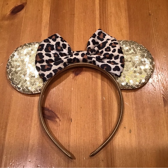 Disney | Accessories | Disney Minnie Ears Leopard Bow Gold Sequins ...